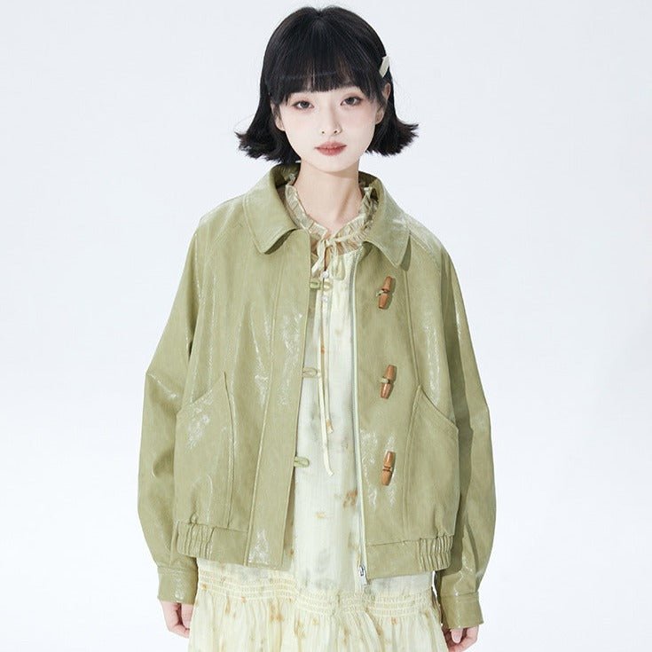 avocado green gloss lapel leather jacket – remulia