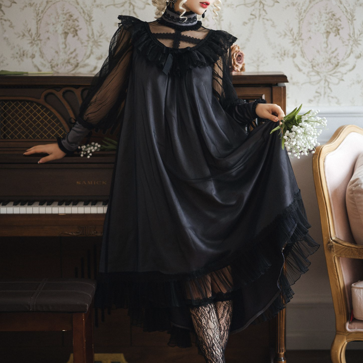 Jet black lady's embroidery elegant dress – remulia