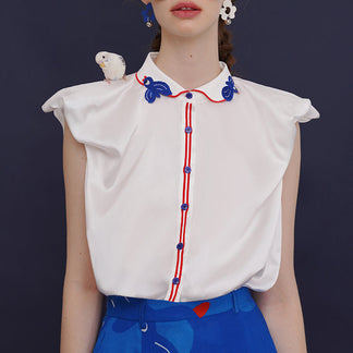 Happy blue bird embroidery collar blouse – remulia