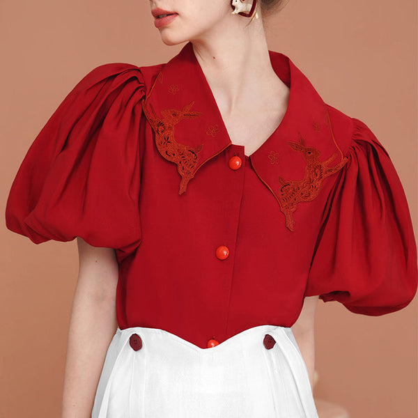 Red Rabbit Embroidery Collar Puff Sleeve Blouse – remulia