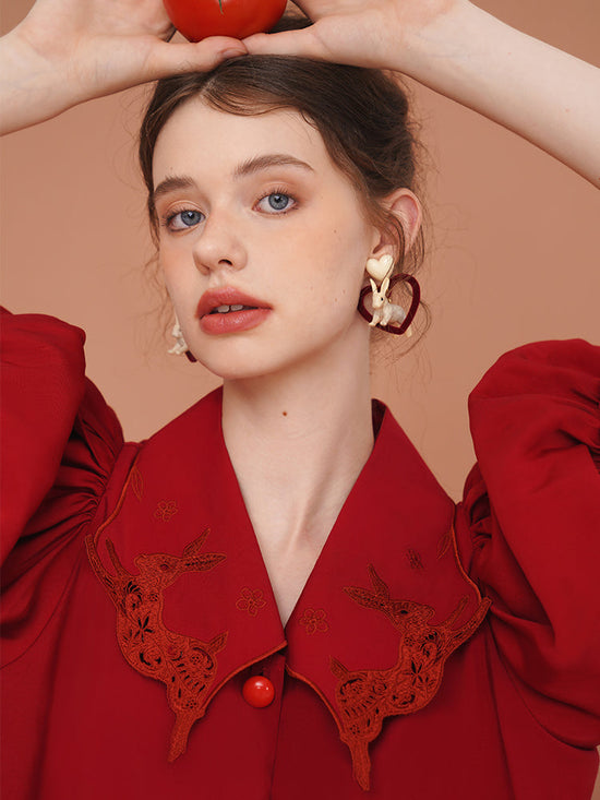 Red Rabbit Embroidery Collar Puff Sleeve Blouse – remulia