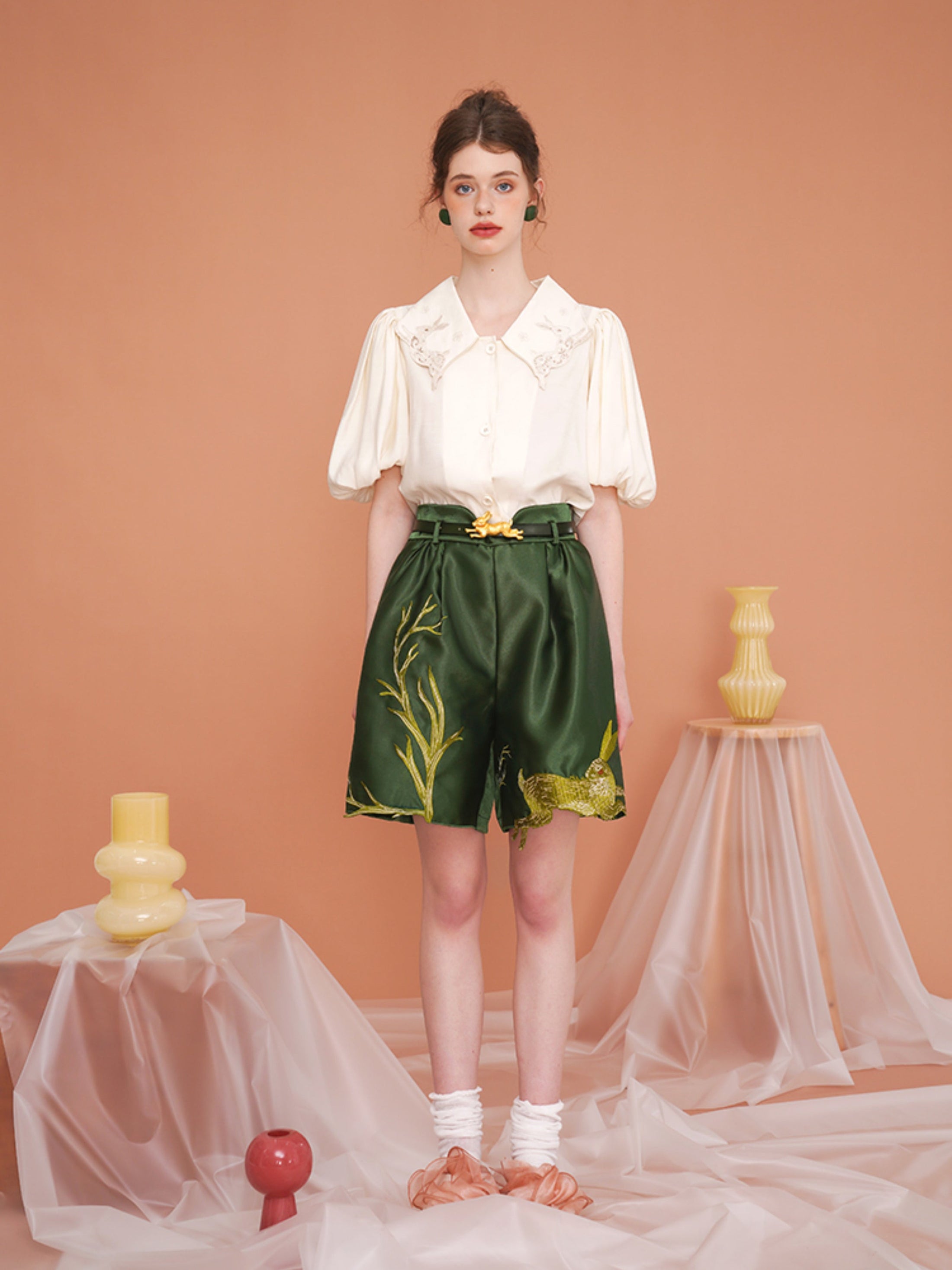 White Rabbit Embroidery Collar Puff Sleeve Blouse (Pre-order item: Shi ...