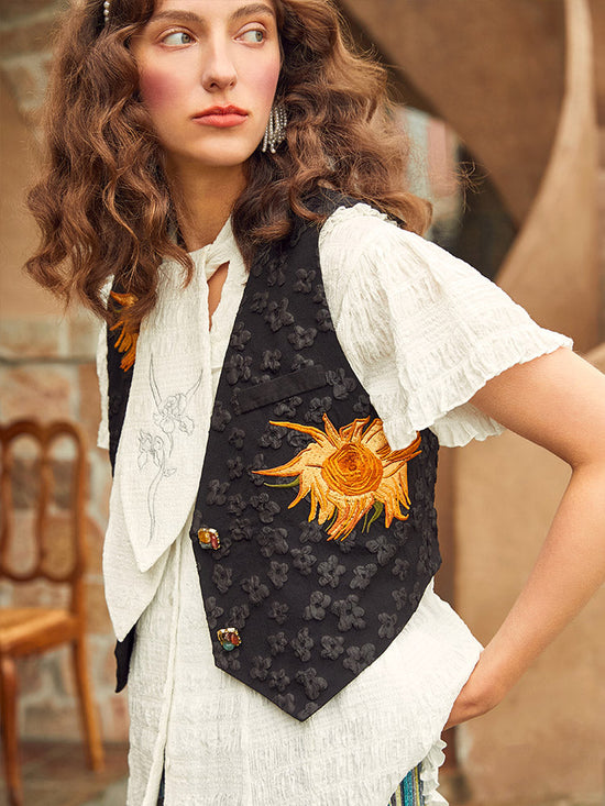 Sunflower embroidery jacquard vest – remulia