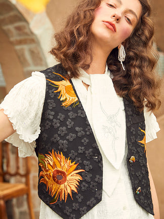 Sunflower embroidery jacquard vest – remulia