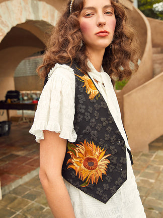 Sunflower embroidery jacquard vest – remulia